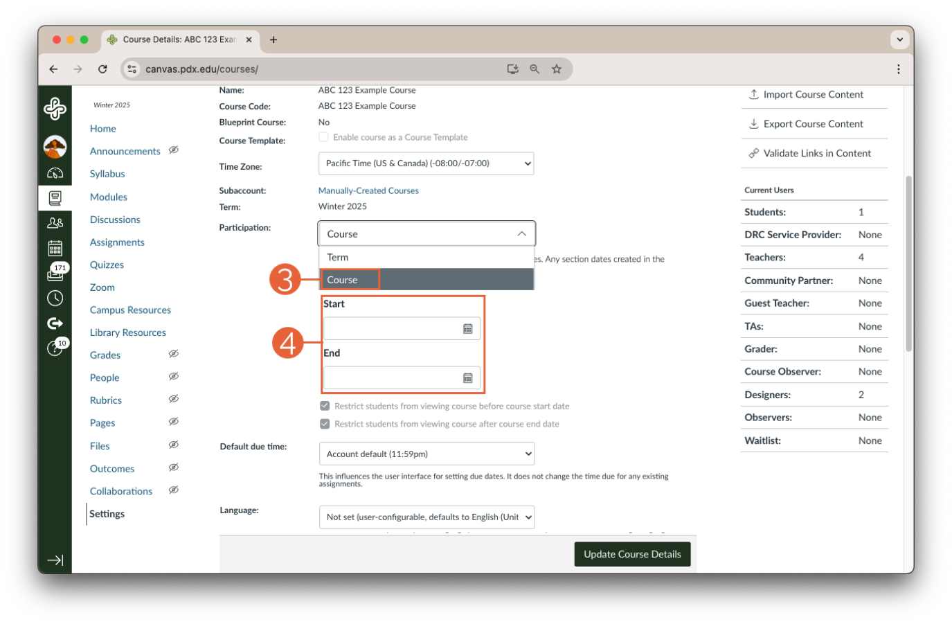 Customize course dates and participation settings in Canvas | Portland ...